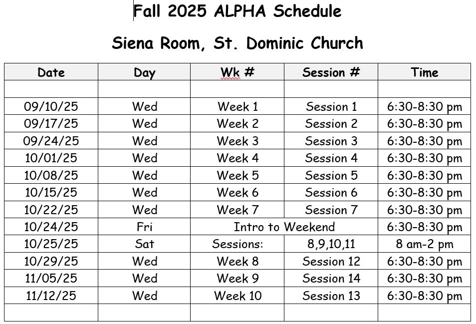 Alpha Schedule - St. Dominic Parish - New Orleans, LA